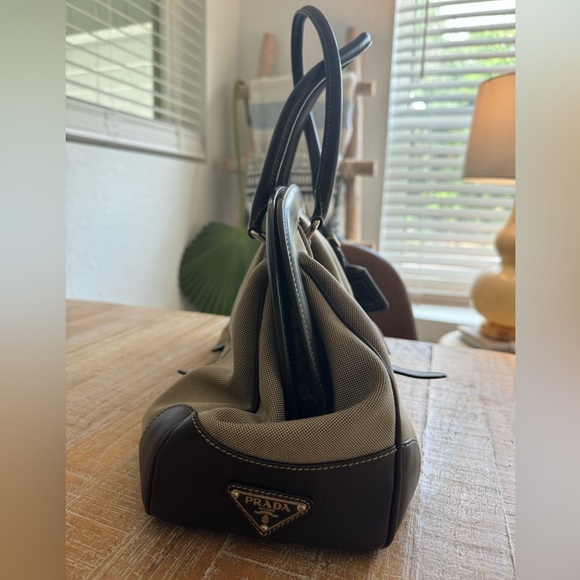 Prada | Bags | Vintage Prada Milano Vintage Top Handle Logo Jacquard Beige Handbag | Poshmark